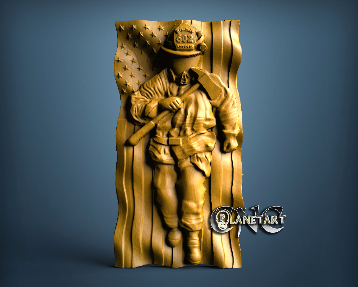 Firefighter on Flag and Axe V3, 3D STL Model 10040 – Cnc Planet Art
