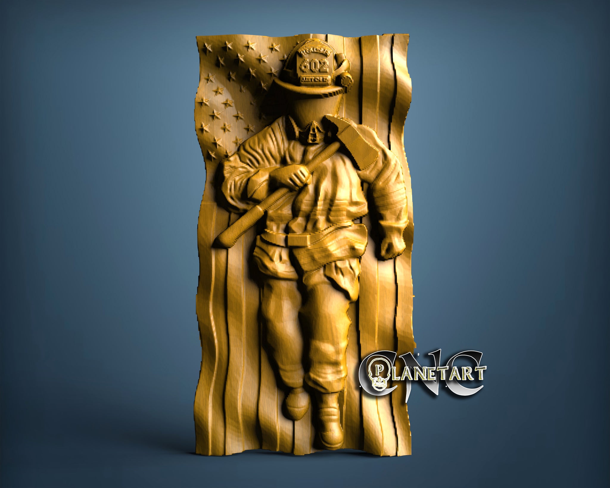 Firefighter on Flag and Axe V3, 3D STL Model 10040 – Cnc Planet Art