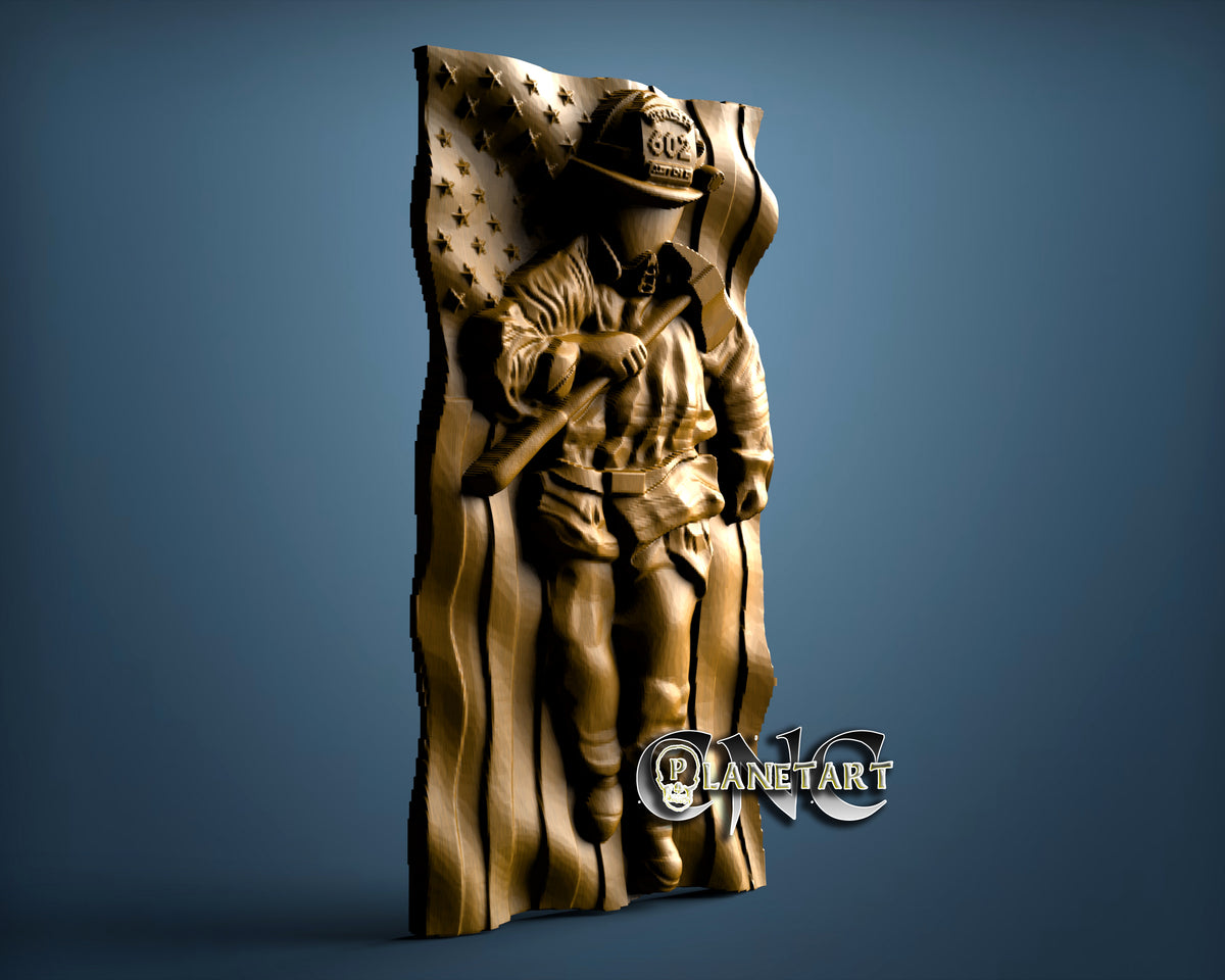 Firefighter on Flag and Axe V3, 3D STL Model 10040 – Cnc Planet Art