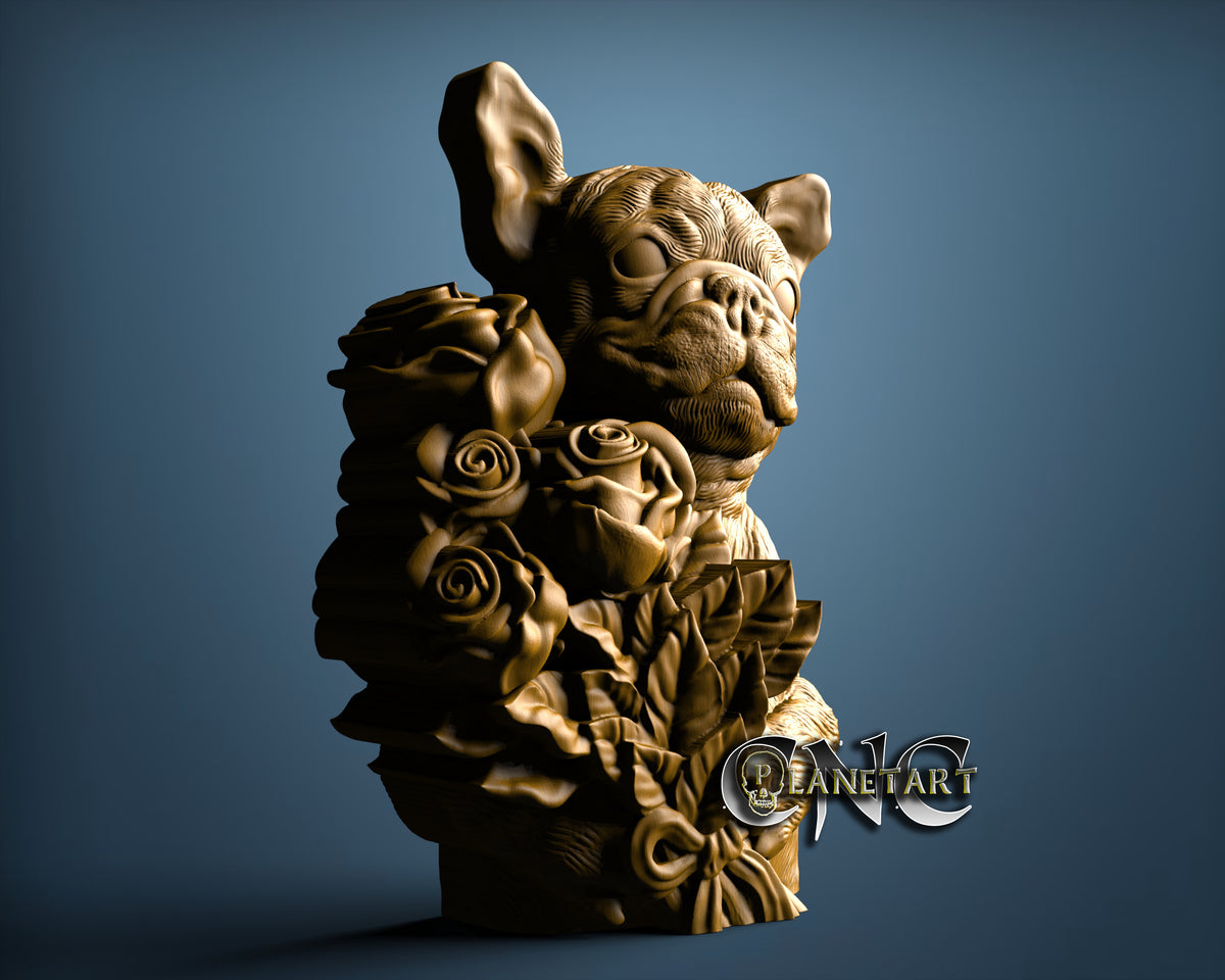 Frenchie Dog with Flowers, 3D STL Model 11415 – Cnc Planet Art