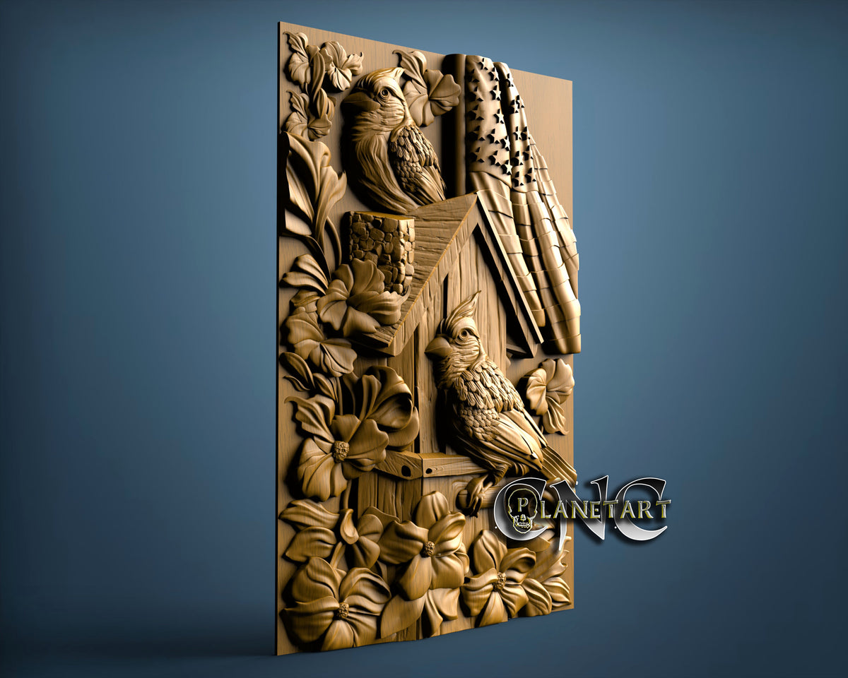 USA Flag & Cardinal Bird, 3D STL Model 11459 – Cnc Planet Art