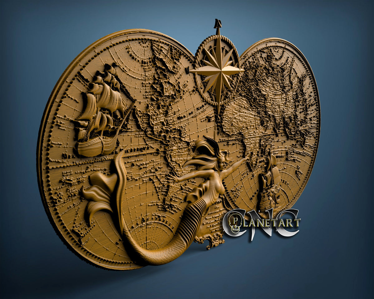 Mermaid and World Map, 3D STL Model 6611 – Cnc Planet Art